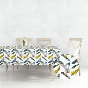 Ervi bavlněný ubrus na stůl obdélníkový - žluté a šedé peří