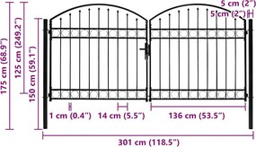 Plotová brána ASSEN dvoukřídlé dveře s klenutým vrškem ocelová 300 x 125 cm 143089