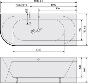 Polysan MONOLITH VIVA R asymetrická vana 180 x 75 x 60 cm bílá pravá 72129M