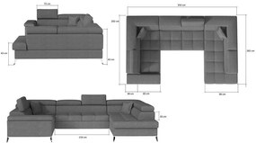 ELTAP THIAGO rozkládací sedací souprava ve tvaru U s úložným prostorem černo - šedá 350 x 70 - 90 x 202 cm
