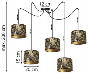 Závěsné svítidlo Werona Spider, 5x černé textilní stínítko, g