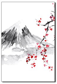 Obraz na plátně - Tradiční sumi-e obraz: sakura, slunce a hory - obdélník 7271A (60x40 cm)