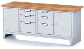 Alfa 3 Dílenský stůl MECHANIC I, 2 skříňky a 2x 3 zásuvkový box na nářadí , 6 zásuvek, 2000x685x880 mm, šedé dveře