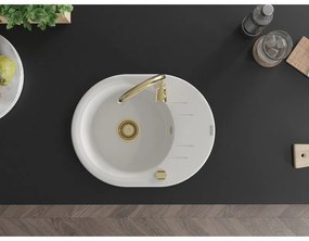 Mexen Kevin, granitový dřez 586x458x190 mm, 1-komorový, bílá se zlatým sifonem, 6517581005-20-G