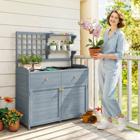 Outsunny světle šedý zahradní stůl na přesazování se skříňkou a pozinkovanou pracovní deskou, 2 zásuvky — 104 x 44 x 140 cm