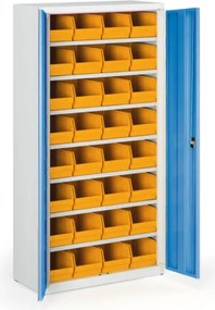 Skříň s plastovými boxy BASIC - 1800 x 400 x 920 mm, 32xC, šedá/modré dveře