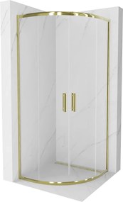 Mexen Rio, čtvrtkruhový sprchový kout s posuvnými dveřmi 90 (dveře) x 90 (dveře) x 190 cm, 5mm čiré sklo, zlatý profil, 863-090-090-50-00