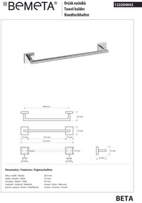 Bemeta Design BETA: Držák ručníků, 600 mm -