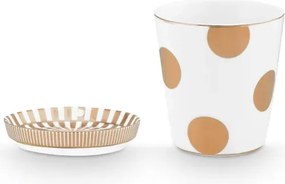 Pip Studio Dot Delight hrnek bez ucha s odkládacím táckem 270ml, bílo-zlatý (hrnek bez ucha z tenkostěnného porcelánu)