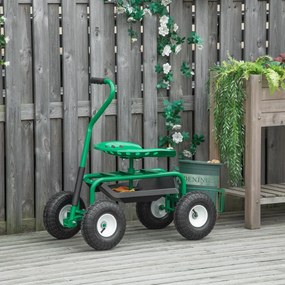 Zahradní vozík Outsunny, dílenský vozík, zahradní sedačka s otočným sedadlem, úložný koš, výškově nastavitelný, nosnost 150 kg, zelený, 81 x 44,5 x 4…