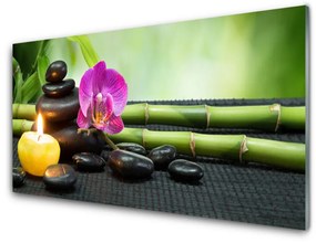 Obraz na skle Bambus Květ Kameny Zen 125x50 cm