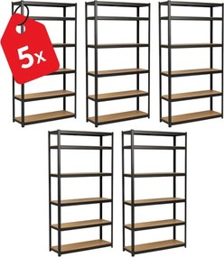 Akce 5x Regál 220x100x50 cm lakovaný 6-policový, nosnost 1050 kg - černý