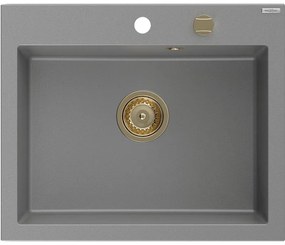 Mexen Elix, 1-komorový granitový dřez 600 x 500 mm, šedý, zlatý sifon - 6525601005-71-G