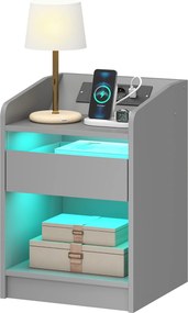 HOMCOM Noční stolek s nabíjecí stanicí LED-RGB světlo, zásuvka, otevřená přihrádka, USB porty a dálkové ovládání 40x40x58 cm Šedá