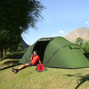 Tunelový stan pro 4-6 osob, kempinkový stan s dveřmi, podlážka, 2000 mm vodotěsná zelená barva