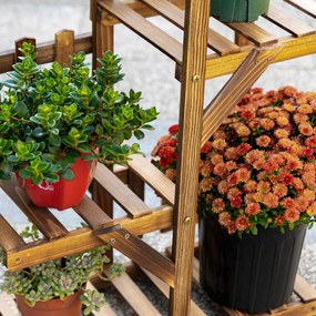 Dřevěný květinový regál Outsunny s 5 policemi - stojan na květináče, ornament s malými zábranami 60 x 30 x 130 cm z karbonizovaného borového dřeva pro