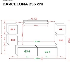 Ral Obývací stěna BARCELONA 3, 256 cm - Černý lesk