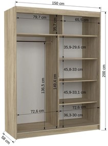 Šatní skříň s posuvnými dveřmi Baltic - 150 cm Barva: Bílá/Černá