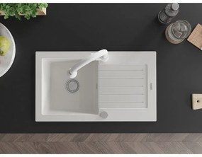 Mexen Pablo, 1-komorový granitový dřez 752x436x161 mm a dřezová baterie Elia, bílá, 6510-20-670101-20