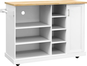 HOMCOM Kuchyňský Ostrov Trolley, Vozík, Kuchyňský Vozík, 7 Otevřených Přihrádek, 1 Skříňka s Dveřmi, 129 x 51 x 93 cm, Dřevo a Bílá
