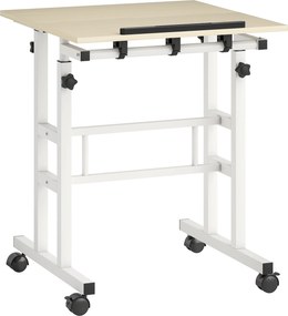 HOMCOM stojací‑sedací stůl 60×60 cm – výškově nastavitelný, s kolečky, naklápěcí deska stolu, kovový rám, přírodní