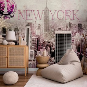Fototapeta Růžový New York - architektura s mrakodrapy s nápisem a razítkem