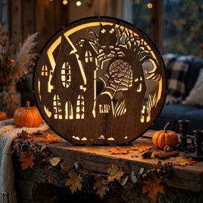 Dřevěná LED lampa Halloween - Strašidelný dům se sovou | SENTOP LED0619