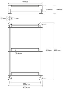 Sapho, X-ROUND E skleněná polička trojitá s hrazdou 380x675x130mm, chrom, XR608
