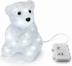 3D LED svítící medvěd sedící na baterie, 16 diod, s časovačem, 18 × 13 cm, ledově bílá, hliník, IP44 venkovní