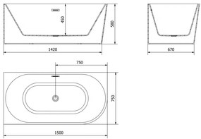 Mexen Mia, volně stojící rohová vana, lavá, 150 x 75 cm, bílá-černá, černý matný přepad, 52691507575L-70