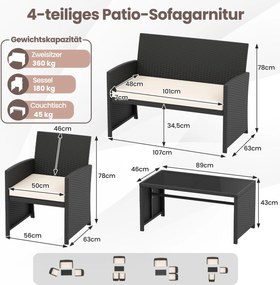 Costway 4-kusový ratanový zahradní nábytek proutěný 2-sedací souprava s tvrzeným