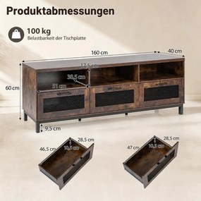 Costway Televizní stolek 160 cm se 3 přihrádkami, hnědý