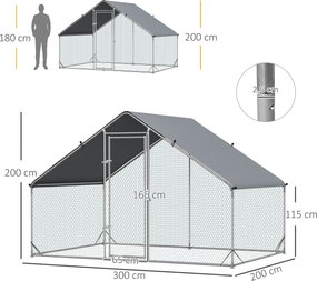 Ocelový kurník PawHut pro volný chov kuřat, 300 x 200 x 200 cm, klec pro kuřata s víkem, dvířka, výběh pro 4-6 kuřat, malá zvířata, stříbrný