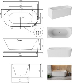 Besco Denaya vana asymetrická volně stojící 170 x 78 cm levá sifon s přepadem zlatá barva bílá VANDENA170LZ