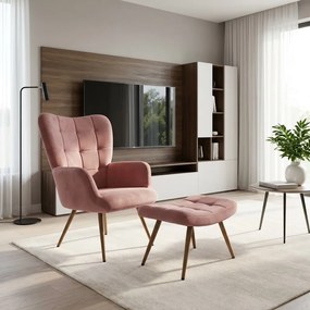 Křeslo ušák LUMEN s podnožkou - Velvet látka, růžová
