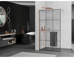 Mexen Kioto+, sprchová zástěna Walk-In s poličkou a věšákem 100 x 200 cm, 8mm čiré sklo černý vzor, ​​měděný matný profil, 800-100-121-65-77