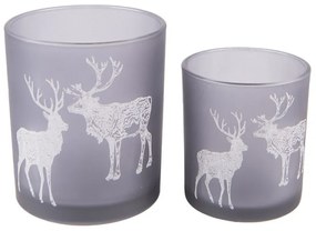 2ks šedý skleněný svícen na čajovou svíčku s jelenem a sobem – 9x10 /  7x8 cm