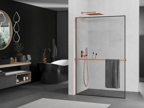 Mexen Kioto+ L, sprchová zástěna Walk-In s poličkou a věšákem 90 x 200 cm, 8mm čiré sklo černý vzor, ​​růžové zlato profil, 800-090-123-60-70