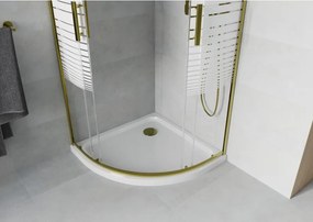 Mexen Rio, čtvrtkruhový sprchový kout 90(dveře)x90(dveře)x190 cm, 5mm čiré sklo s pásky, zlatý profil + bílá sprchová vanička SLIM, 863-090-090-50-20-4110G