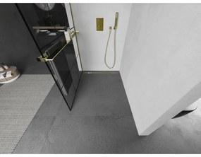 Mexen Kioto+ L, sprchová zástěna Walk-In s poličkou a věšákem 100 x 200 cm, 8mm čiré sklo černý vzor, ​​zlatý lesklý profil, 800-100-123-50-77