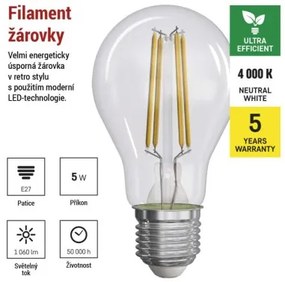 Emos lighting LED žárovka Filament A60 A CLASS/ E27 / 5 W (75 W) / 1 060 lm / neutrální bílá 1525283412