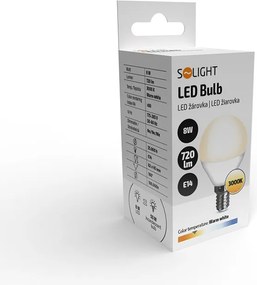 Solight LED žárovka, miniglobe, 8W, E14, 3000K, 720lm, bílé provedení