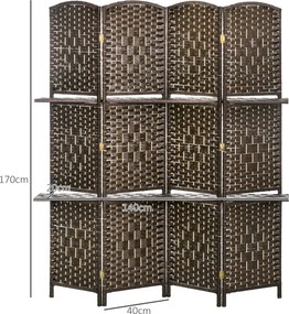 HOMCOM Paravan 4 Panely 160 x 170 cm s 2 Policemi, Skládací, Borovicové Dřevo pro Kancelář, Obývací Pokoj, Ložnici, Hnědý