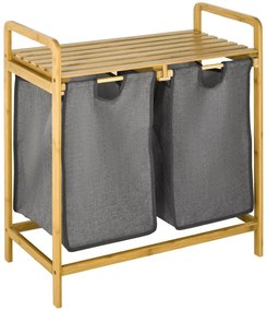 HOMCOM Koš na prádlo dvojitý, bambus a polyester, 63,5 x 33 x 73 cm