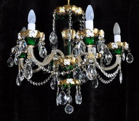 6 Arms Green enamelled crystal chandelier with glass flowers