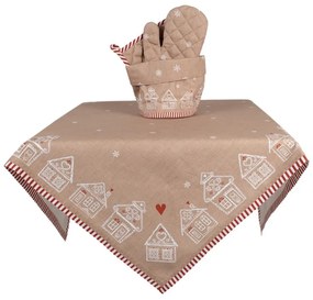 Hnědý bavlněný ubrus s motivem perníkových domečků Gingerbread Bliss – 100x100 cm