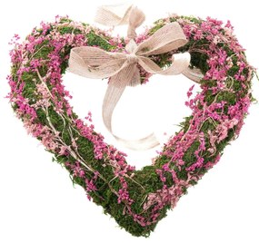 Závěsné mechové srdce se sušenými kvítky, růžová, 32 x 28 x 4 cm