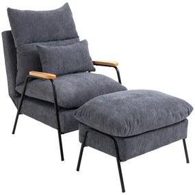 HOMCOM Relaxační křeslo s taburetem, TV křeslo s polohovatelným opěradlem, polštář, čalouněné křeslo, TV křeslo, šedé, 68 x 91,5 x 88 cm | Aosom