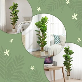 HOMCOM umělý fíkus lyrovitý, 150 cm – 71 listů, dřevěný kmen, v květináči, realistické plastové listí pro obývací pokoj, ložnici, kancelář, zahradu
