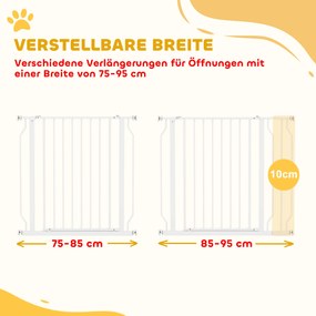 PawHut Ochranná brána na schody s prodloužením 10 cm, bez vrtání, pro šířku 75-95 cm, otočná na obě strany, ocelová bílá